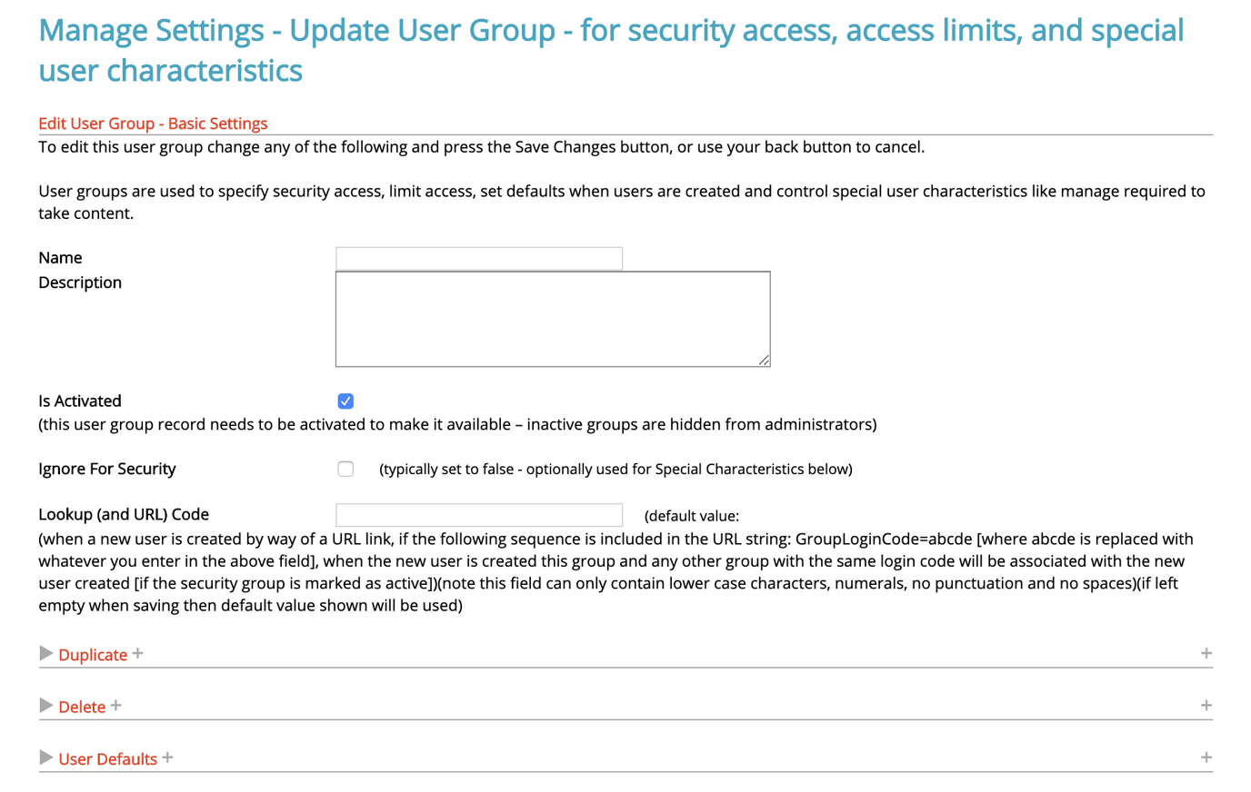 User Group Settings